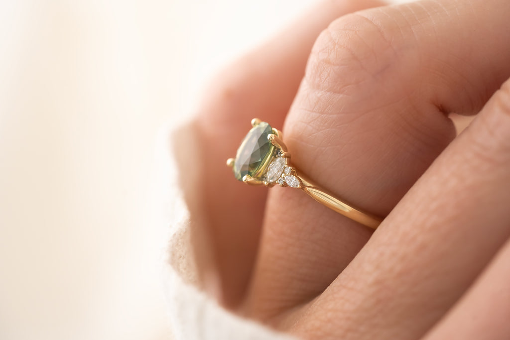 The Maeve Ring - 1.5 CT Teal Green Oval Sapphire | Lavender Creek Gems