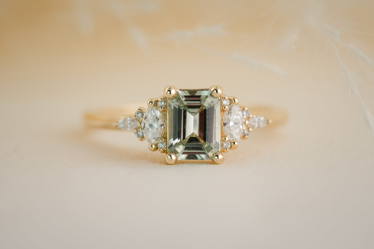 The Maeve 0.9 CT Emerald Cut Steel Blue/Green Sapphire Ring | Lavender ...